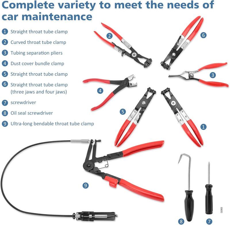 9pcs Flexible Hose Clamp Clip Pliers Set Swivel Jaw Flat Angled Band ...